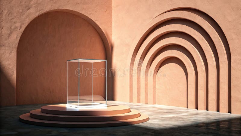 Empty Glass Cube Display on Peach Arch Background Display Case Stock ...