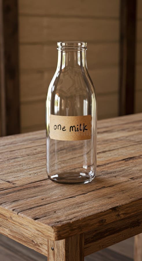 Empty Glass Milk Bottle with Label on Rustic Wooden Table Stock Image ...