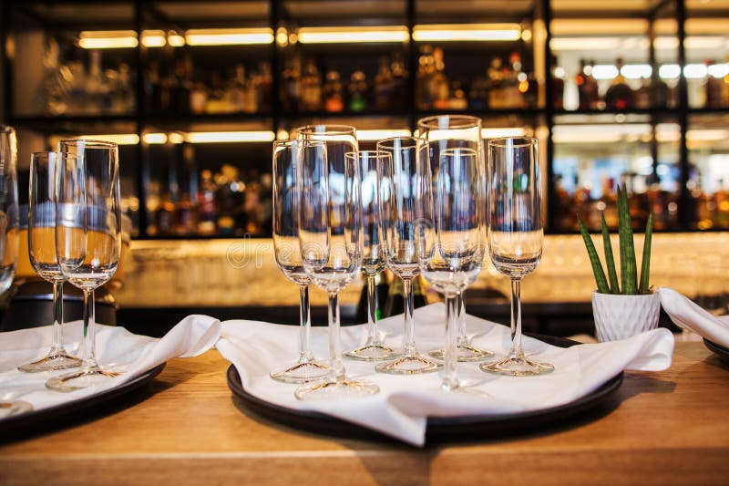 Empty Glasses Set with Tissues and Red Rose in the Restaurant Stock ...