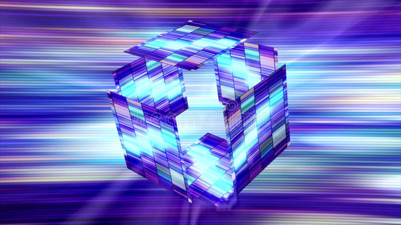 Empty Glowing Cube in Cyberspace. Motion. Futuristic Glowing Cube Decomposing into Pieces in ...