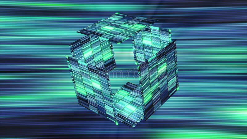 Empty Glowing Cube in Cyberspace. Motion. Futuristic Glowing Cube Decomposing into Pieces in ...