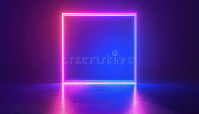Empty Glowing Techno Backdrop with a Neon Square Frame and Shining ...
