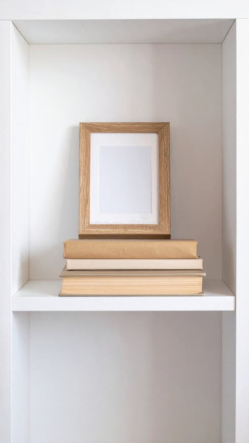 Empty Gold Frame on Stack of Books on White Shelf Stock Illustration - Illustration of display ...