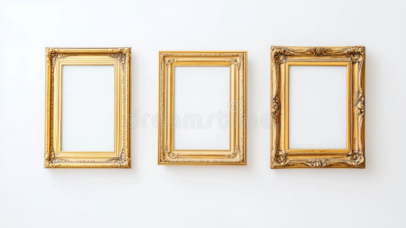 Empty Gold Picture Frames on White Wall Stock Photo - Image of wall ...
