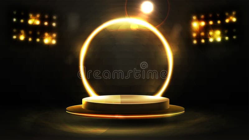 Empty Gold Podium Floating in the Air with Gold Neon Ring on Background ...