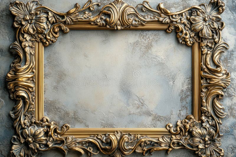 Empty Golden Baroque Frame Hanging on Gray Textured Wall, Creating ...