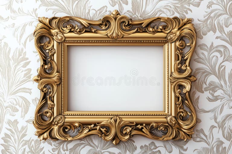 Empty Golden Baroque Frame Hanging on a Patterned Wallpaper, Creating ...