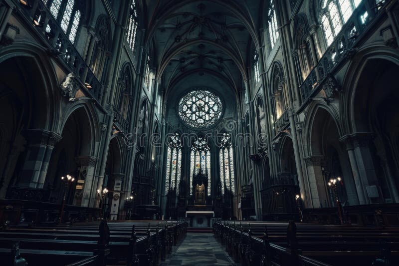 Empty Gothic Cathedral Interior with Stained Glass Windows Stock Photo ...
