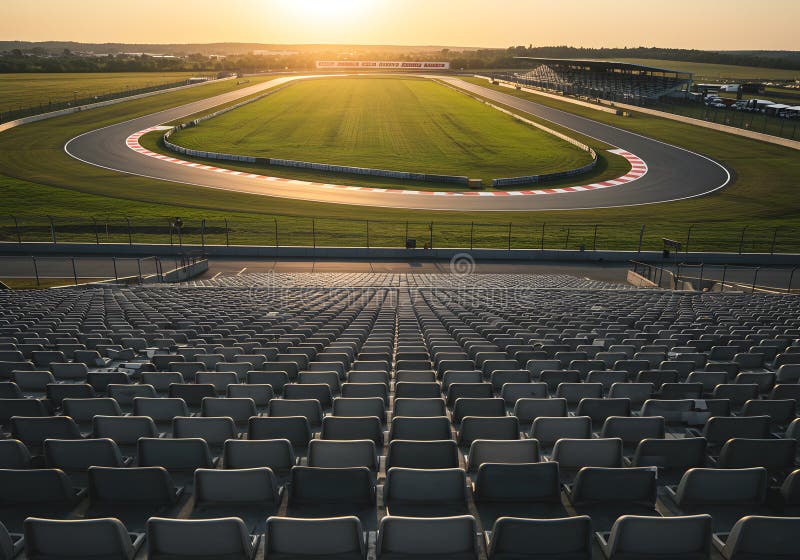 Race Track at Sunset with Empty Grandstand Seating and Green Field View ...