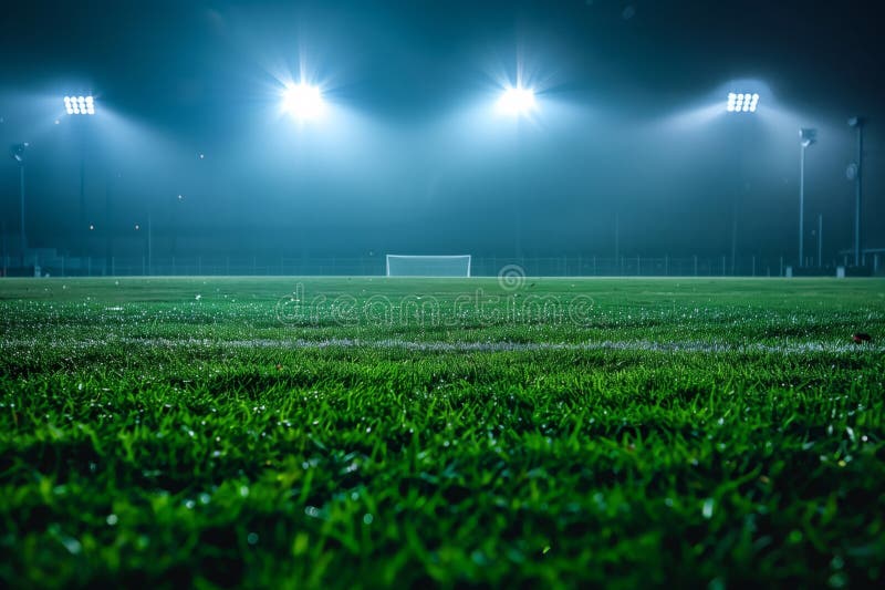 Empty Grass Field and Illuminated Outdoor Soccer Stadium - AI Generated ...