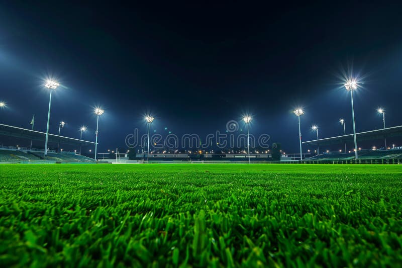 Empty Grass Field and Illuminated Outdoor Soccer Stadium - AI Generated ...