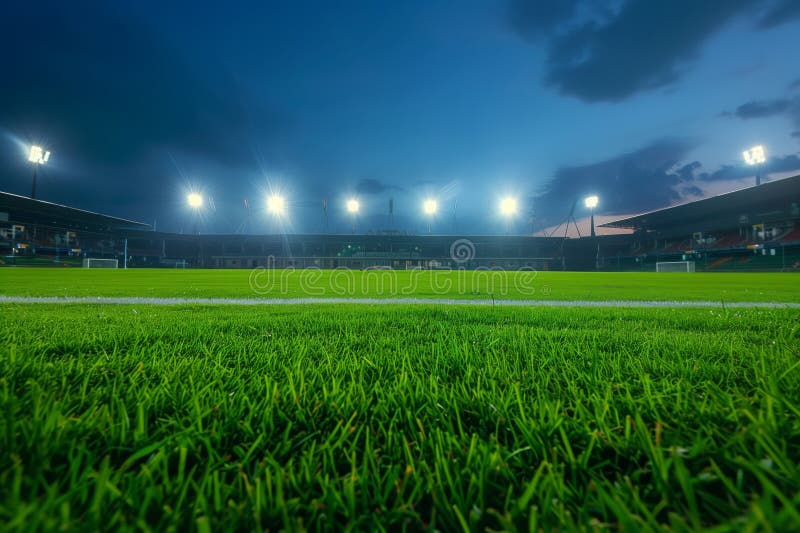 Empty Grass Field and Illuminated Outdoor Soccer Stadium - AI Generated ...