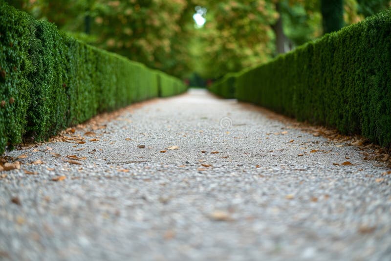 Empty Gravel Path Leading Away, Outoffocus Green Hedges Either Side ...