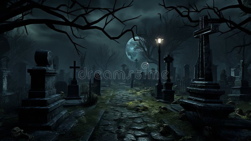 Horror Game: Dark Cemetery Scene with Realistic Renderings Stock ...