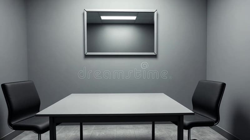 Empty Gray Interrogation Room with Table and Chairs Under Fluorescent ...