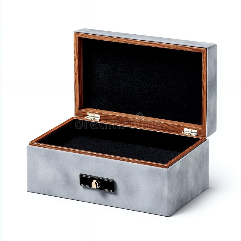 Empty Gray Rectangular Box with Dark Wood Interior and Black Leather ...