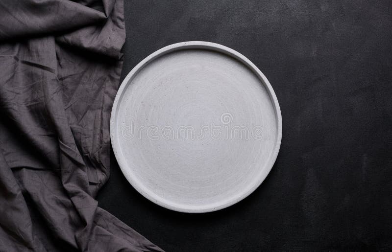 Empty Gray Round Ceramic Plate on Black Background, Top View Stock ...