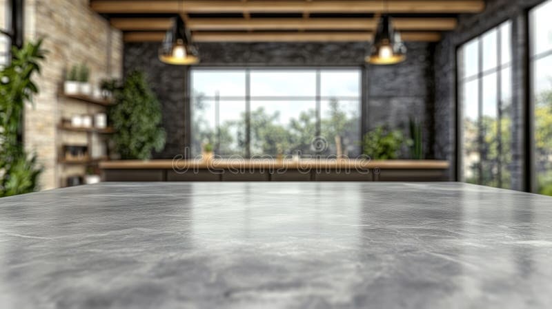 Empty Gray Stone Countertop, Blurred Modern Kitchen Design Background ...