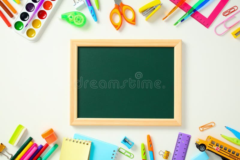 Empty Green Chalkboard with School Supplies. Top View, Flat Lay Stock ...