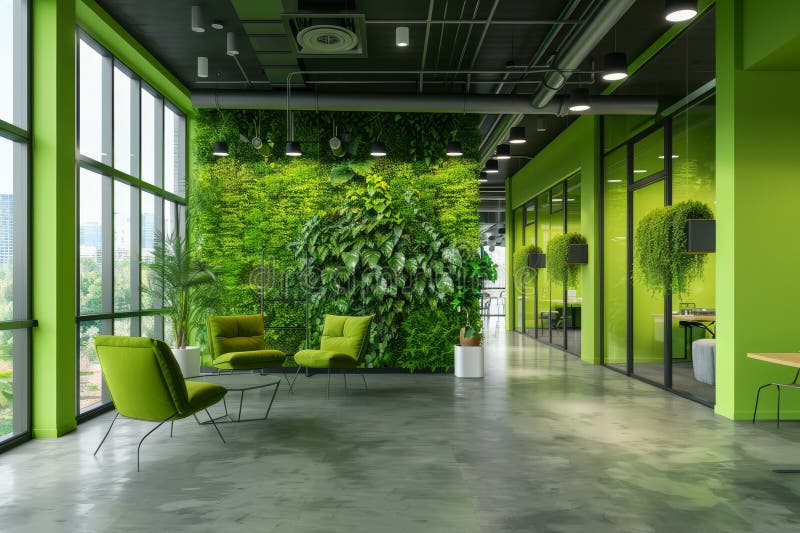 Empty Green Coworking, Modern Eco Office Interior, Corporate Workspace ...