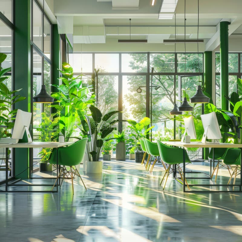Empty Green Coworking, Modern Eco Office Interior, Corporate Workspace ...