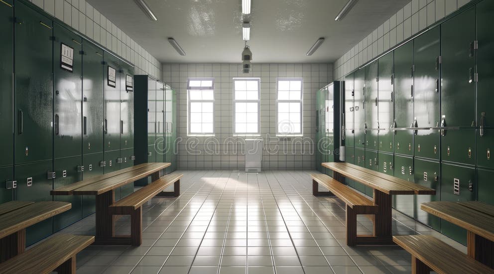 Empty Green Locker Room with Benches Stock Illustration - Illustration ...