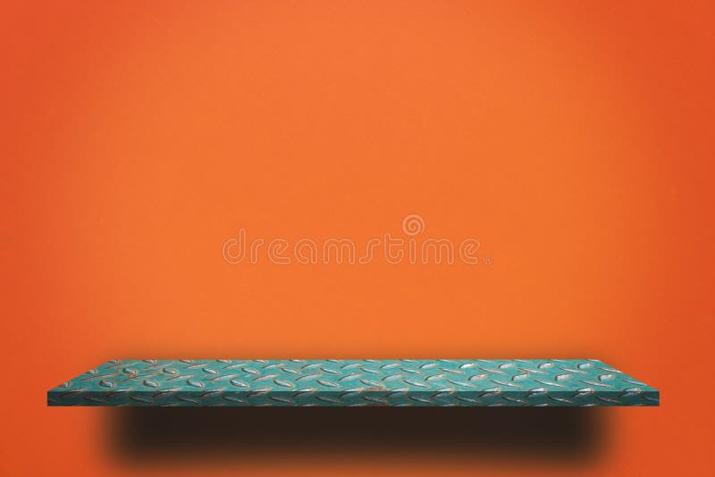 Empty Green Shelf Counter on Orange Wall Stock Image - Image of blank ...