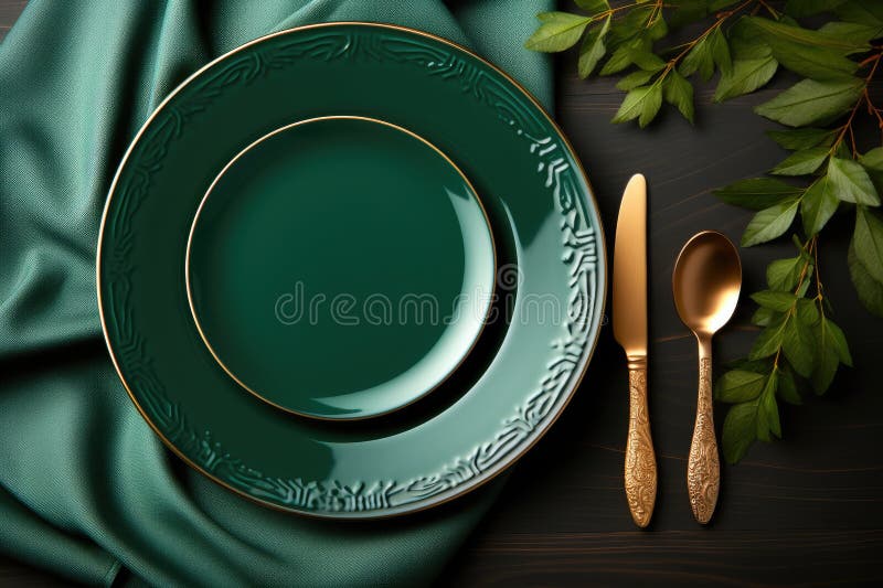Empty Table Plate Setting on Green Background Stock Illustration ...