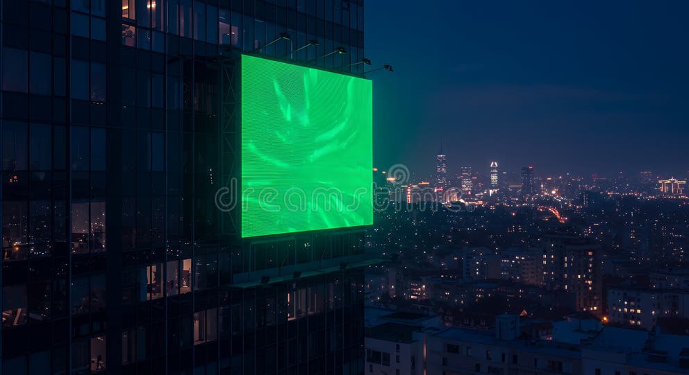 Empty Green Screen Billboard on Skyscraper at Night Stock Illustration ...