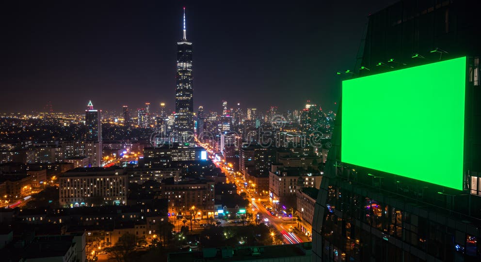 Empty Green Screen Billboard on Skyscraper at Night Stock Illustration ...