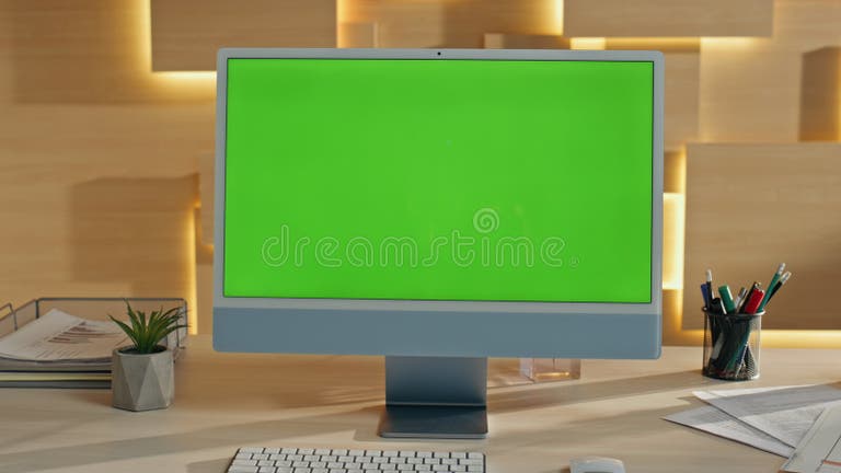 Empty Green Screen Computer Display Corporate Workplace Closeup. Chroma ...
