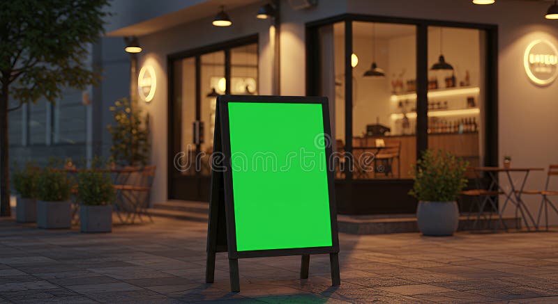 Empty Green Screen a-Frame Sign in Front of a Cafe at Night Stock ...