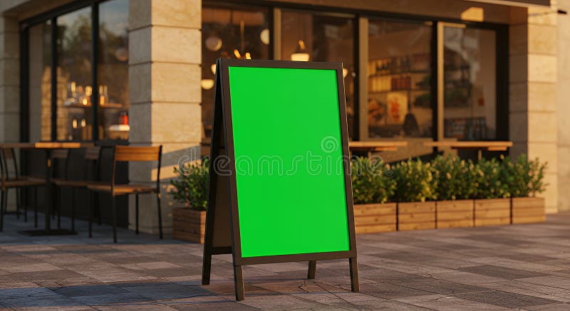 Empty Green Screen a-Frame Sign in Front of a Cafe at Night Stock ...