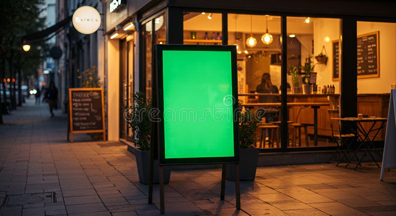 Empty Green Screen a-Frame Sign in Front of a Cafe at Night Stock ...