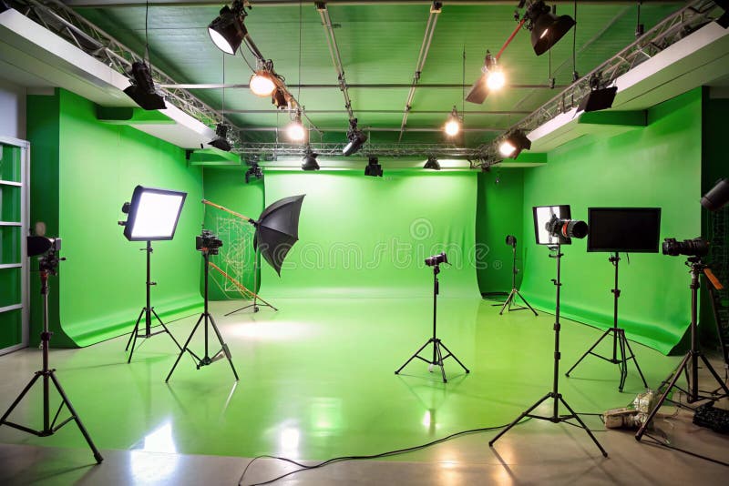 Empty Green Screen Studio with Professional Lighting Equipment Stock ...