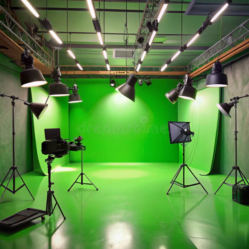 Empty Green Screen Studio with Professional Lighting Equipment Stock ...
