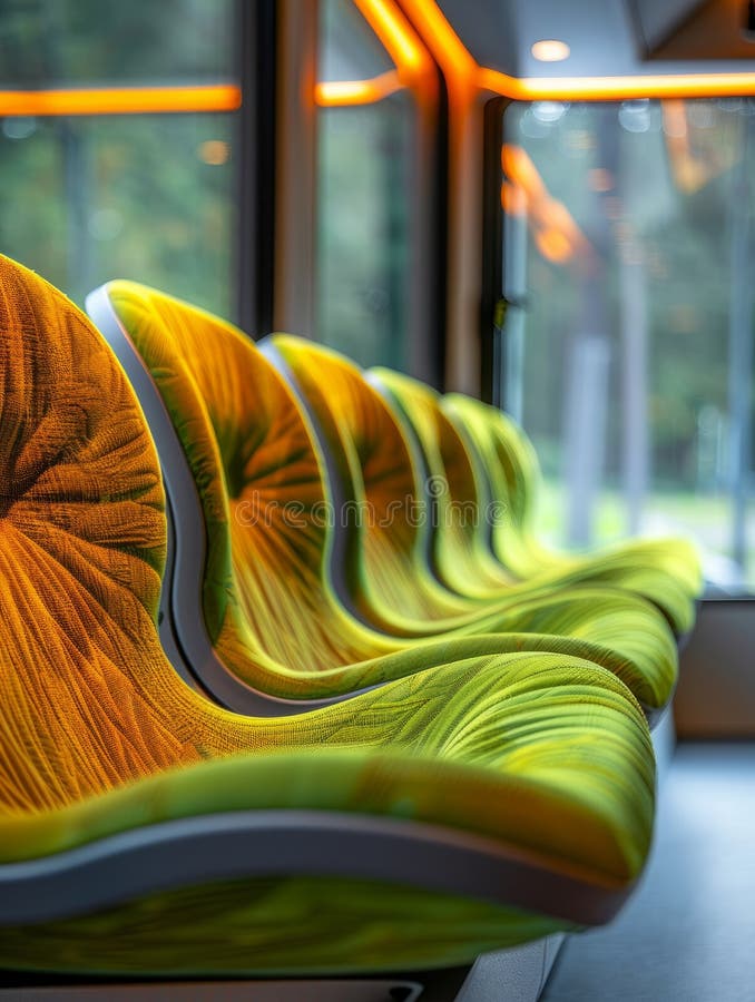Empty Green Seats in a Modern Bus with Orange Lighting. Stock Image ...