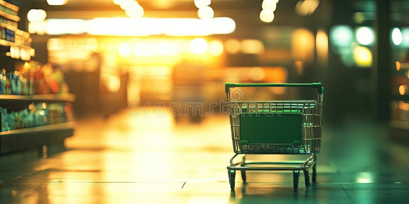 Empty Green Supermarket Shopping Cart with Abstract Blurred Background ...