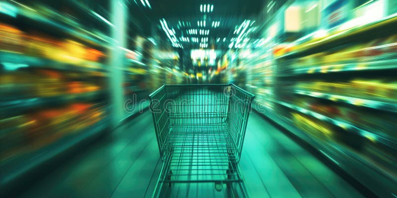 Empty Green Supermarket Shopping Cart with Abstract Blurred Background ...