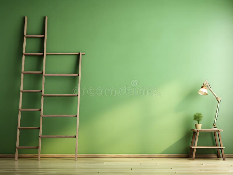 Empty Green Wall Room with Ladders and Wooden Steps Stock Illustration ...