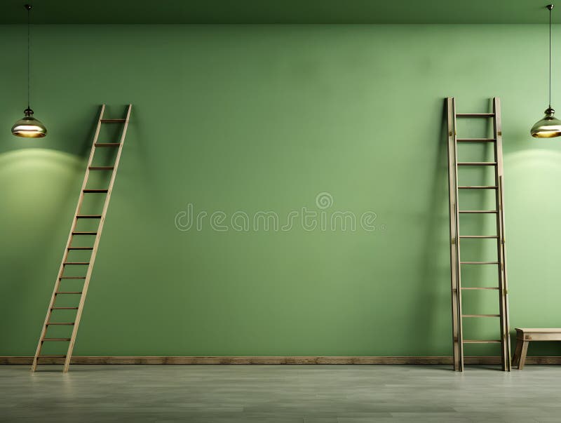 Empty Green Wall Room with Ladders and Wooden Steps Stock Illustration ...