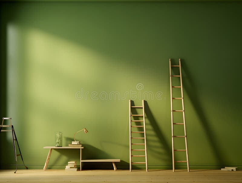Empty Green Wall Room with Ladders and Wooden Steps Stock Illustration ...