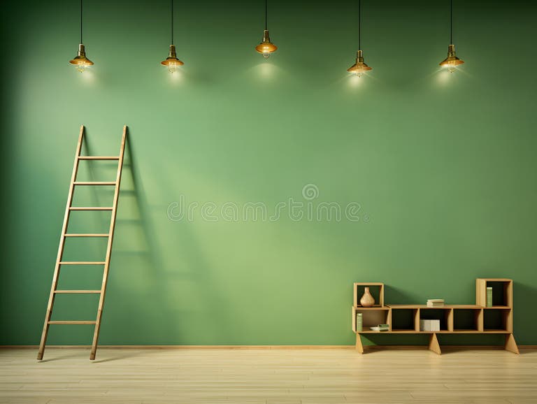 Empty Green Wall Room with Ladders and Wooden Steps Stock Illustration ...