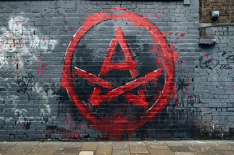 An Empty Grey Brick Wall with an Anarchist Symbol Painted in Red on it ...