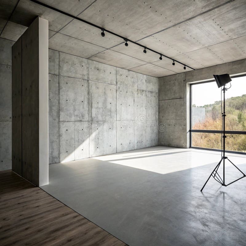Empty Grey Concrete Loft Studio Room Interior Stock Image - Image of ...