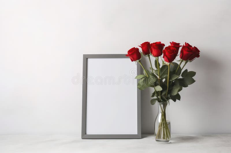 Empty Grey Frame with Red Roses in Vase Next To it on White Background ...