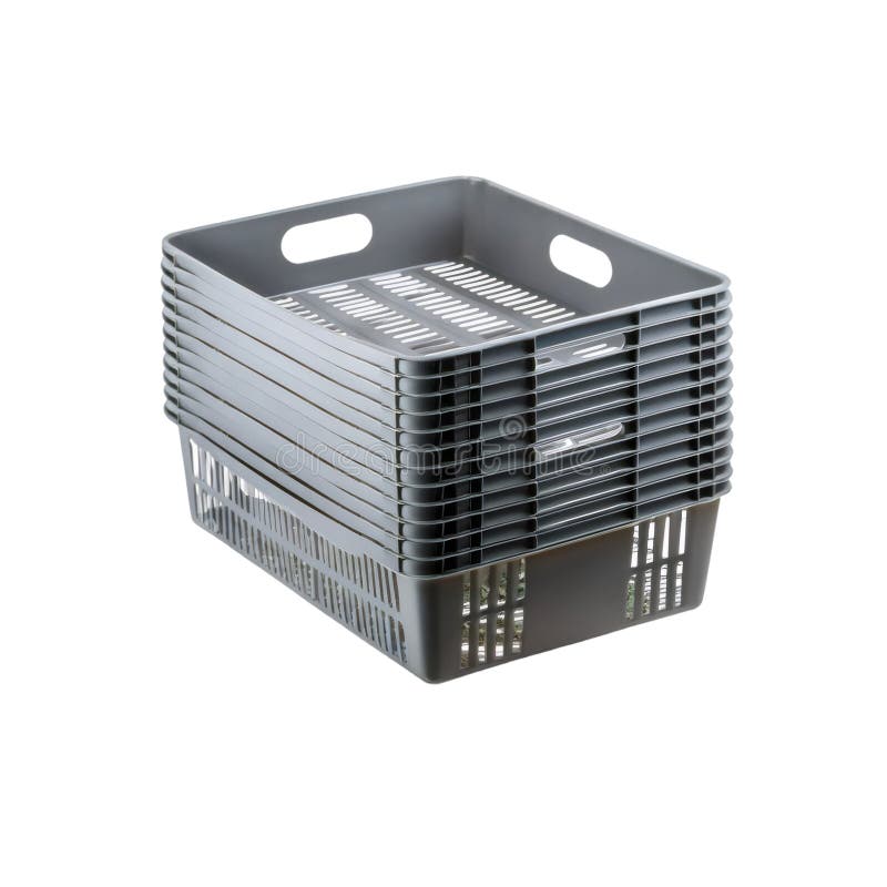 Stack of Empty Grey Plastic Storage Crates with Ventilation Holes ...