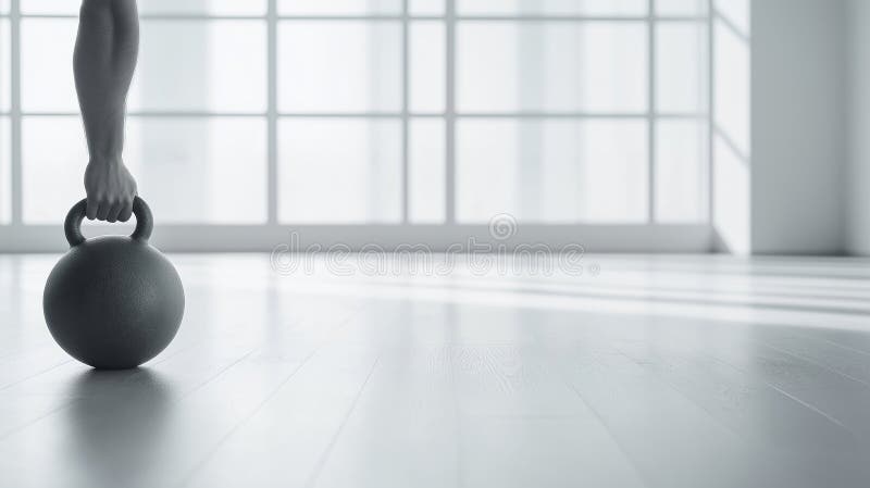 Kettlebell Workout in a Minimalist Gym with Glowing Light Filtering ...