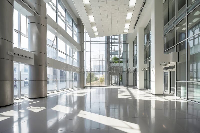 Empty Hall Building Interior with Tall Panoramic Windows. Generative AI ...