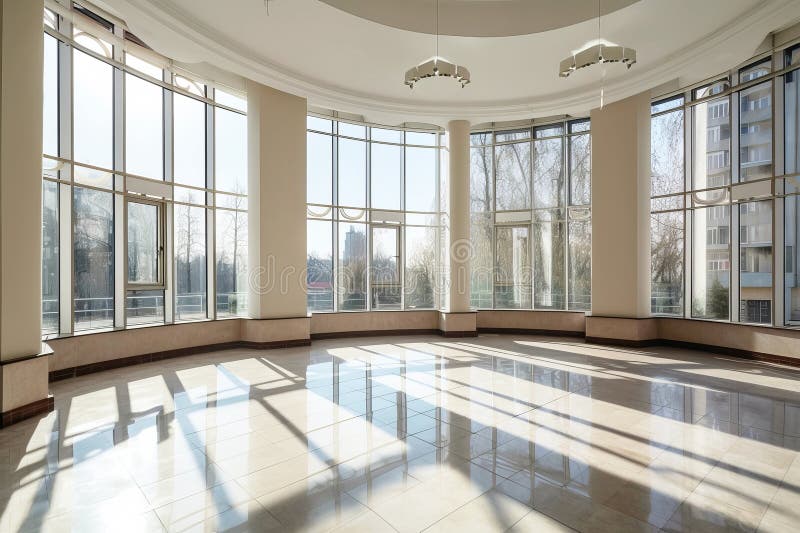 Empty Hall Building Interior with Tall Panoramic Windows. Generative AI ...